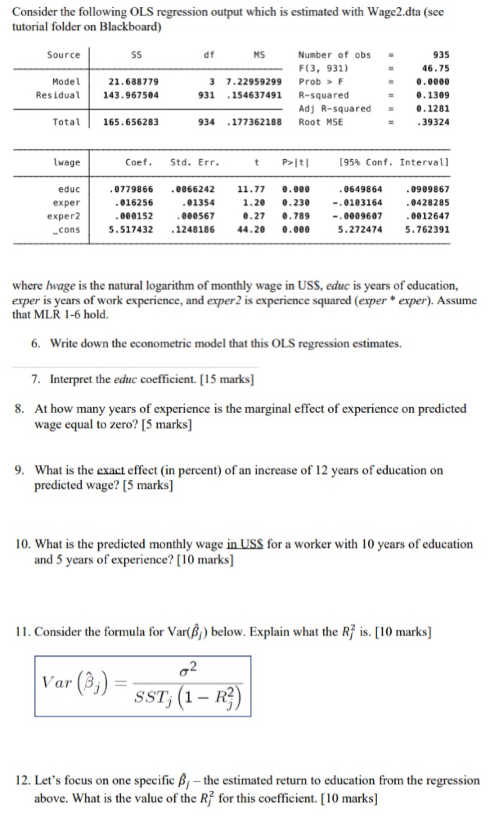 Solved Consider the following OLS regression output which is | Chegg.com