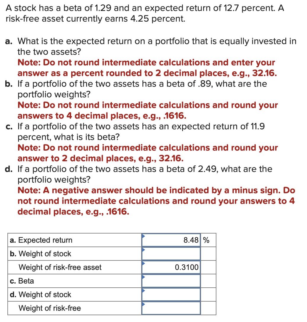 Solved A stock has a beta of 1.29 and an expected return of | Chegg.com