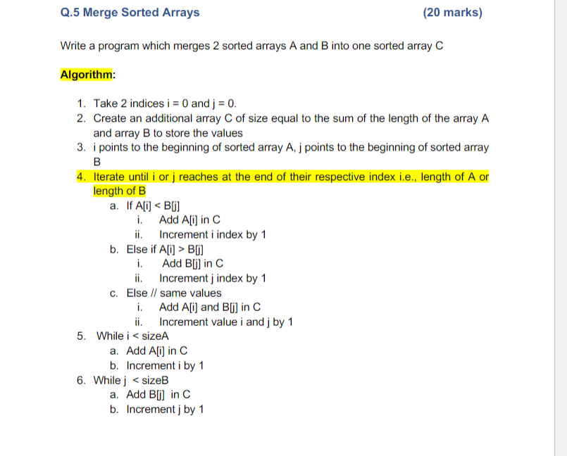 Write a program which merges 2 sorted arrays A and B | Chegg.com