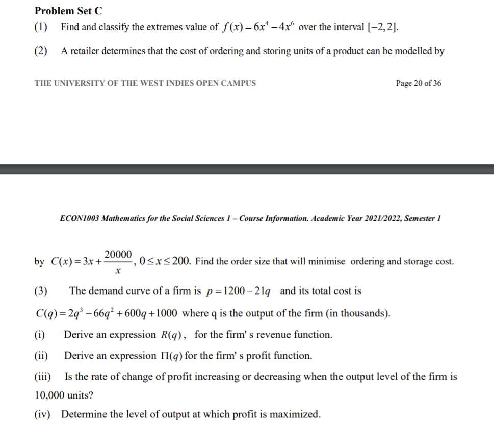 Solved Problem Set C (1) Find and classify the extremes | Chegg.com