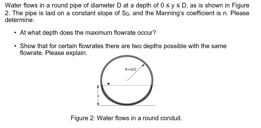 Solved Water flows in a round pipe of diameter D ﻿at a depth | Chegg.com