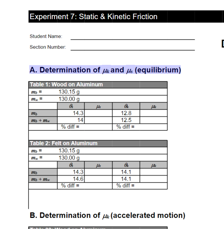 Student Name: Section Number. A. Determination of μk | Chegg.com