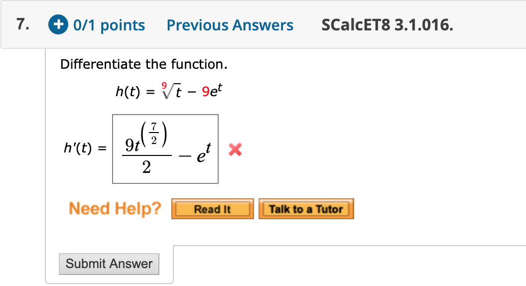 Solved 7. + 0/1 points Previous Answers SCalcET8 3.1.016. | Chegg.com