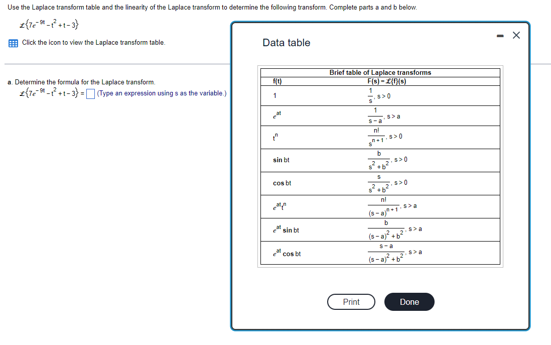 Solved L{7e−9t−t2+t−3} Click the icon to view the Laplace | Chegg.com