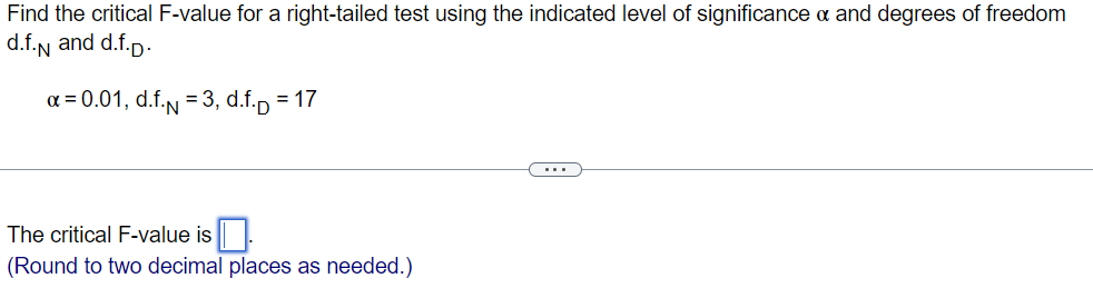 Solved Find the critical F-value for a right-tailed test | Chegg.com