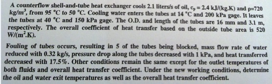 Solved A counterflow shell-and-tube heat exchanger cools 2.1 | Chegg.com
