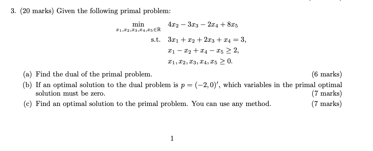 Solved 3. (20 marks) Given the following primal problem: min | Chegg.com