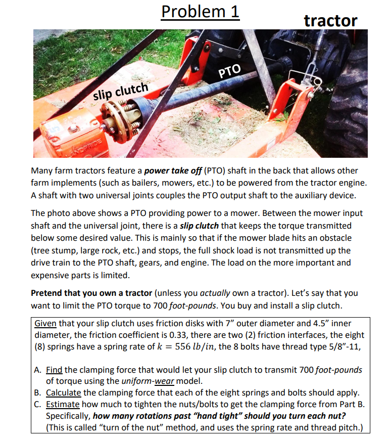 Solved Problem 1 tractor PTO slip clutch ANDPRIDE Many farm | Chegg.com