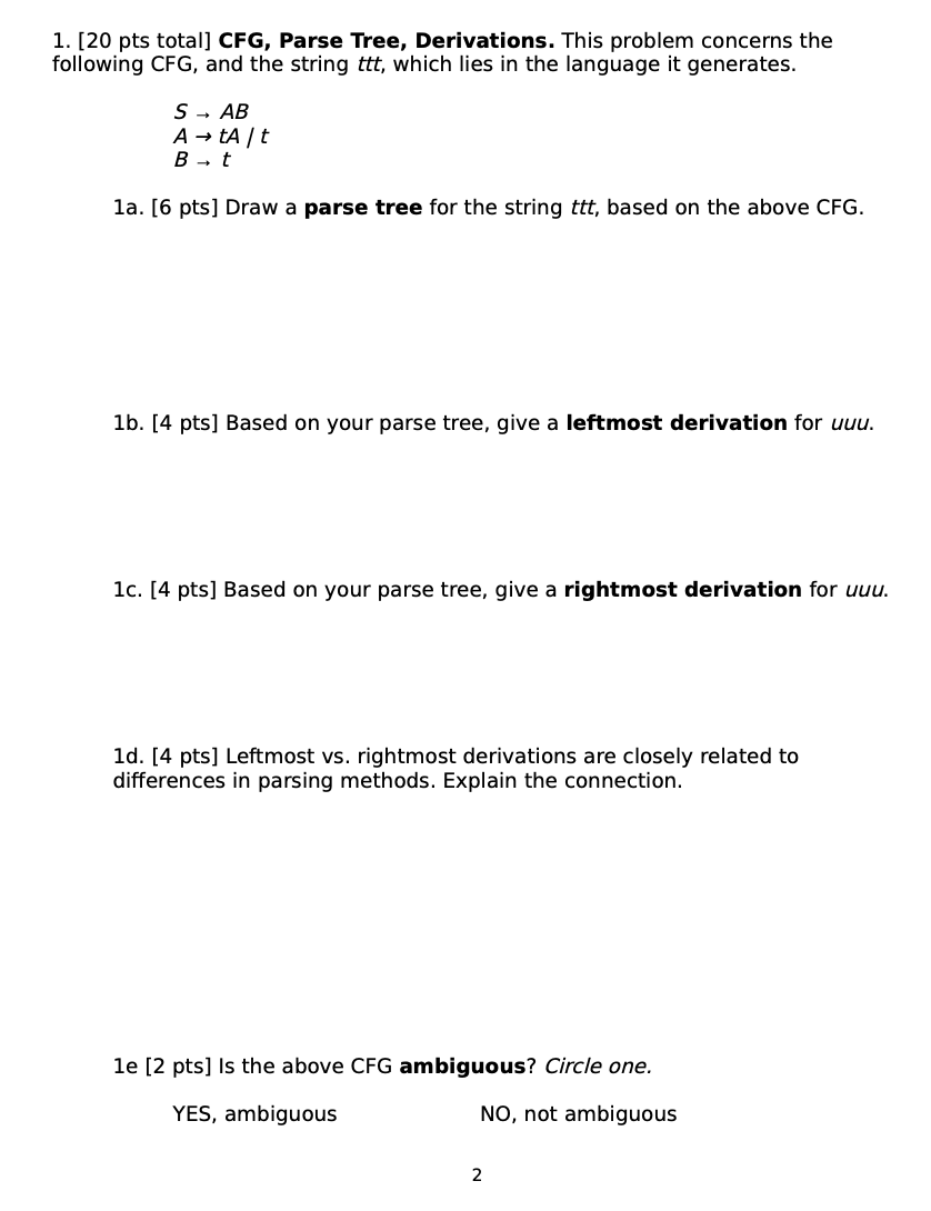 Solved 1. (20 pts total] CFG, Parse Tree, Derivations. This | Chegg.com