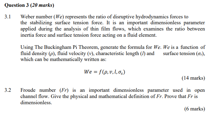 Solved Question 3 (20 marks) 3.1 Weber number (We) | Chegg.com
