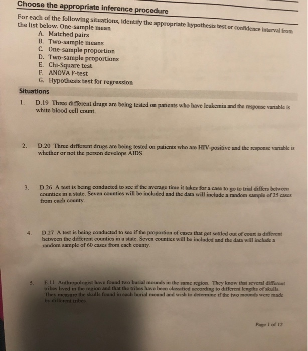 Solved Choose the appropriate inference procedure For each | Chegg.com