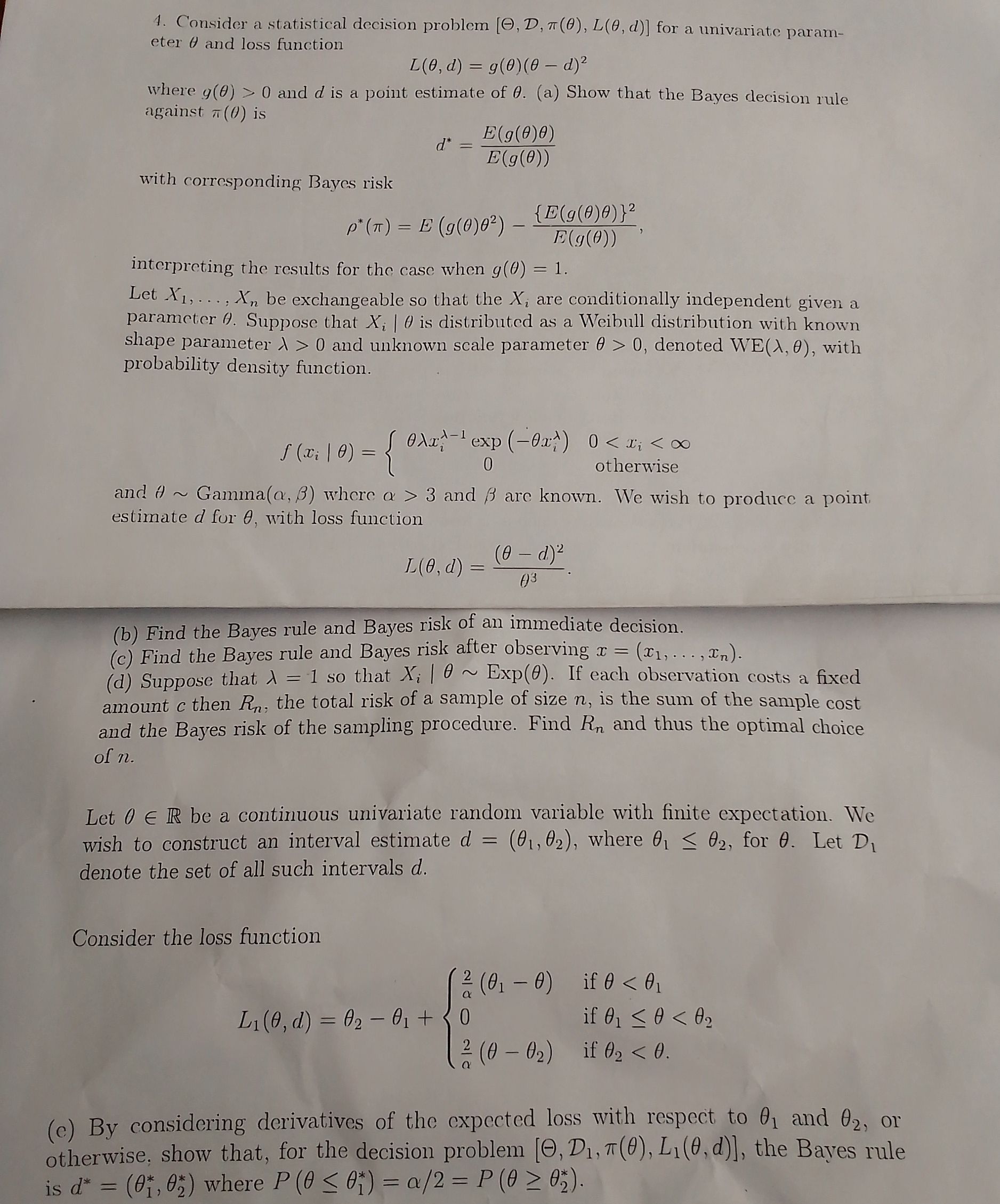 Solved 4. Consider a statistical decision problem | Chegg.com