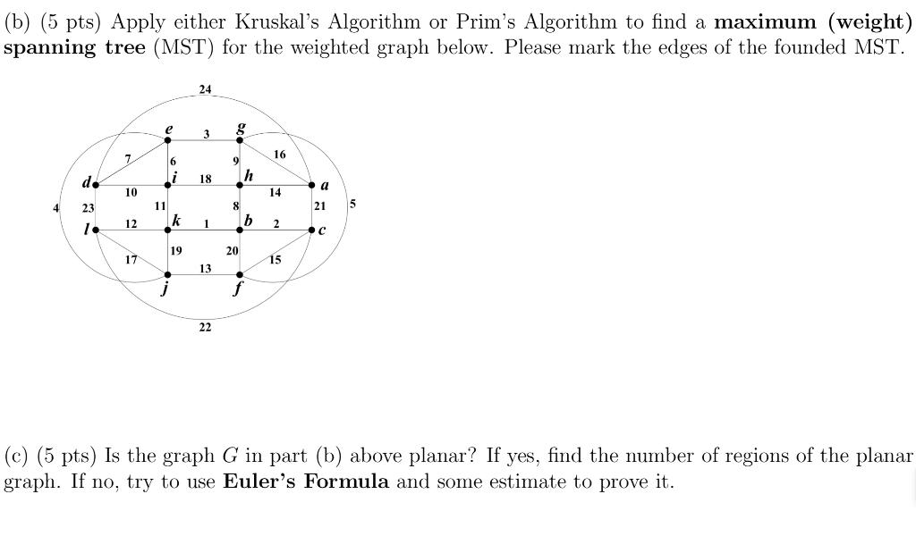 Solved (b) (5 pts) Apply either Kruskal's Algorithm or | Chegg.com
