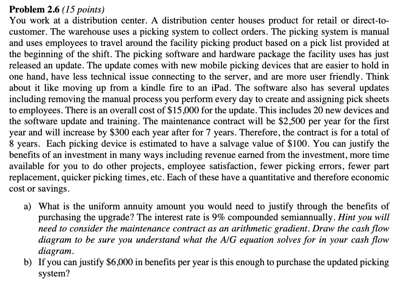 Solved Problem 2.6 (15 points) You work at a distribution | Chegg.com