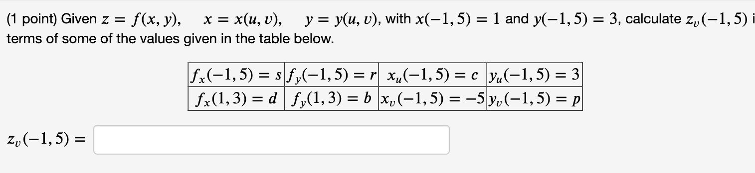 Solved (1 point) Given z=f(x,y),x=x(u,v),y=y(u,v), with | Chegg.com