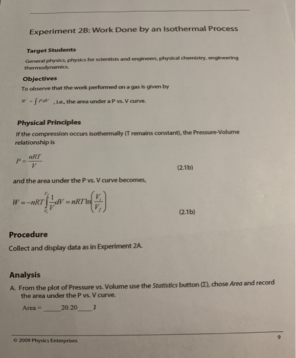 Solved Experiment 2B: Work Done by an Isothermal Process | Chegg.com