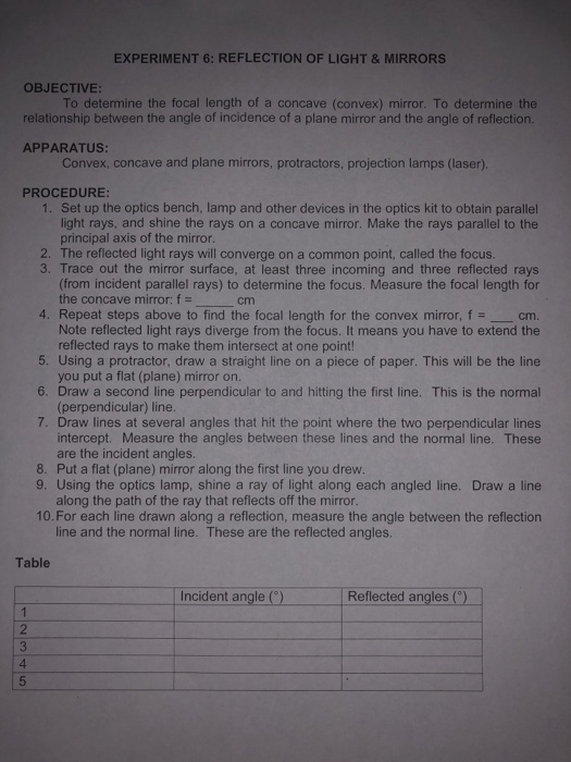 Solved EXPERIMENT 6: REFLECTION OF LIGHT &MIRRORS OBJECTIVE | Chegg.com