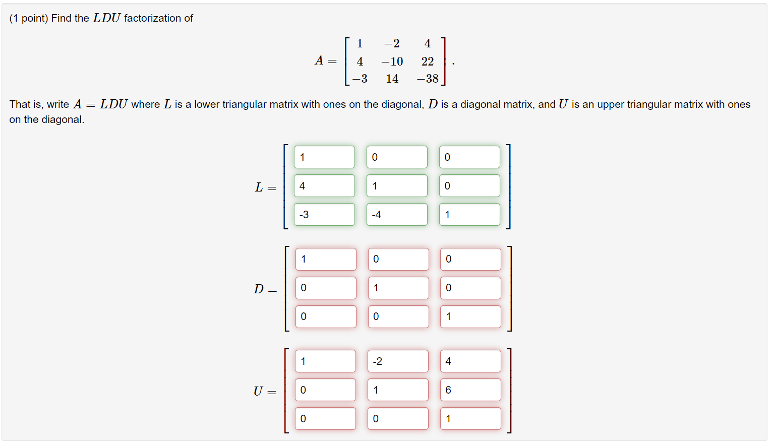 Solved (1 point) Find the LDU factorization of 1 -2 4 A= 4 | Chegg.com