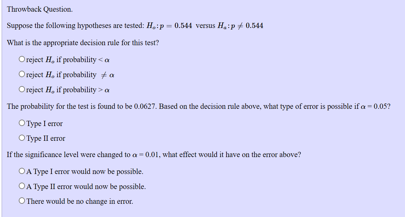 Solved Throwback Question. Suppose the following hypotheses | Chegg.com