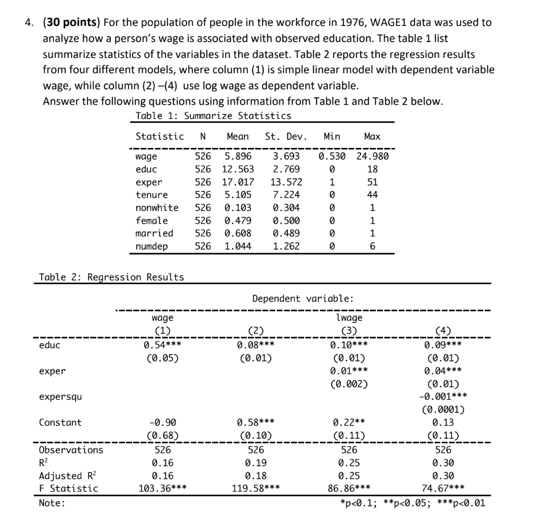 Solved (30 points) For the population of people in the | Chegg.com