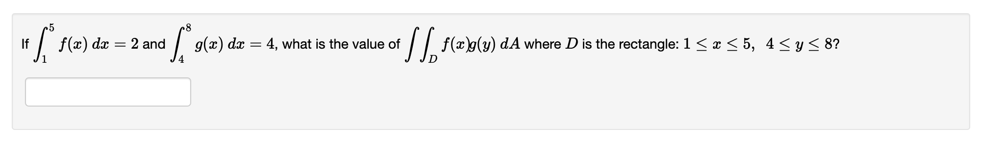 Solved ∫nπ/3∫35(ycosx−1)dydxIf ∫15f(x)dx=2 and ∫48g(x)dx=4, | Chegg.com