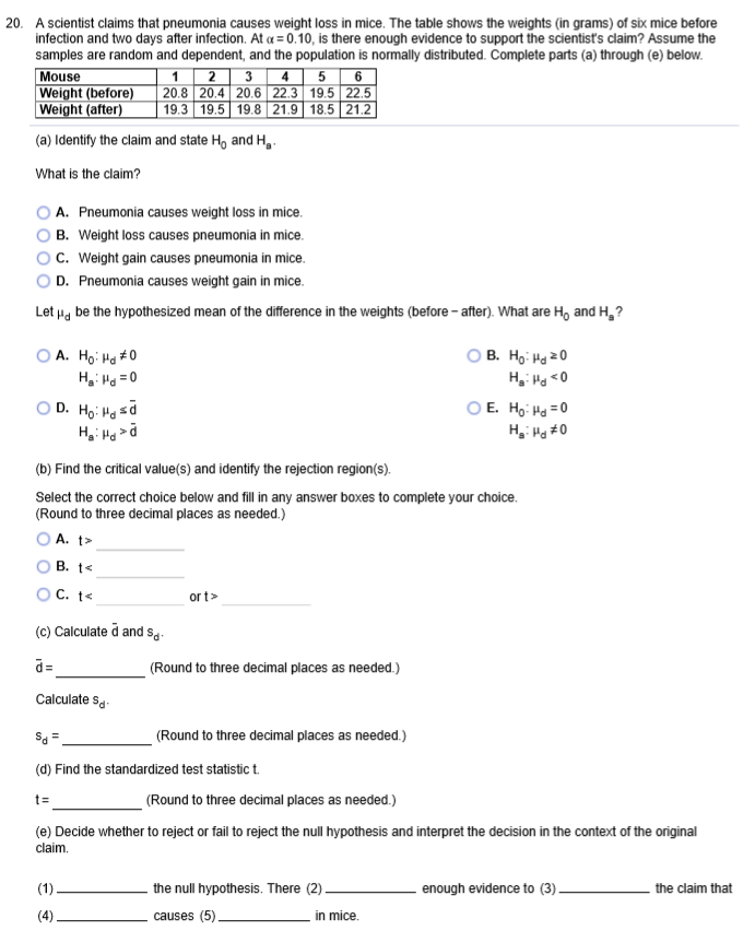 Solved 20. A scientist claims that pneumonia causes weight | Chegg.com