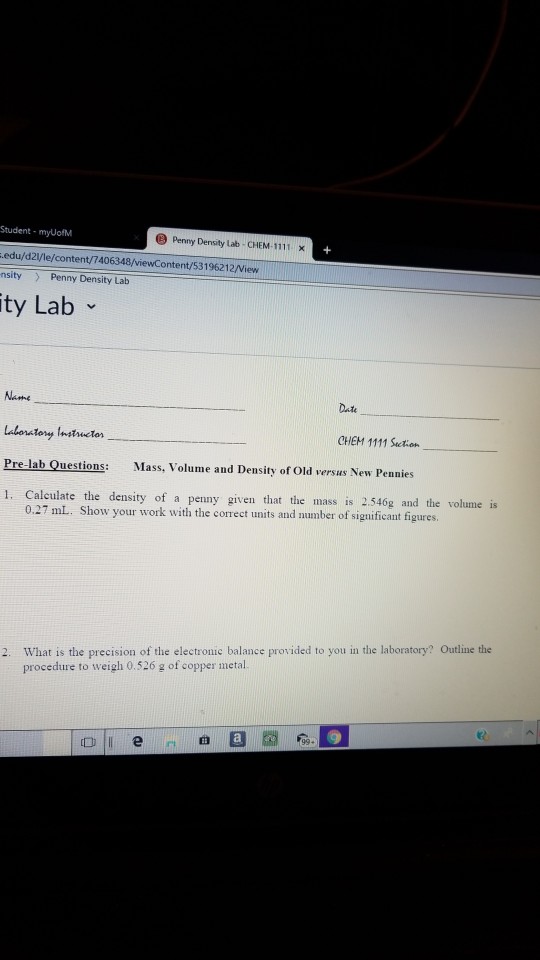 Solved Student- myUofM Penny Density Lab. CHEM-1111 | Chegg.com