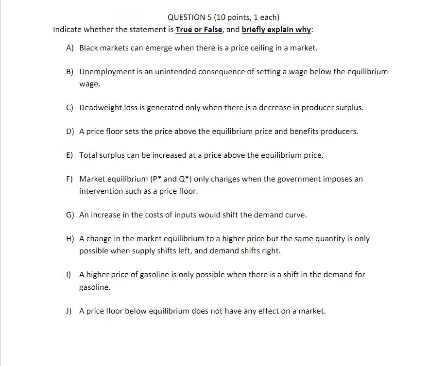 Solved QUESTION 5 ( 10 points, 1 each) Indicate whether the | Chegg.com