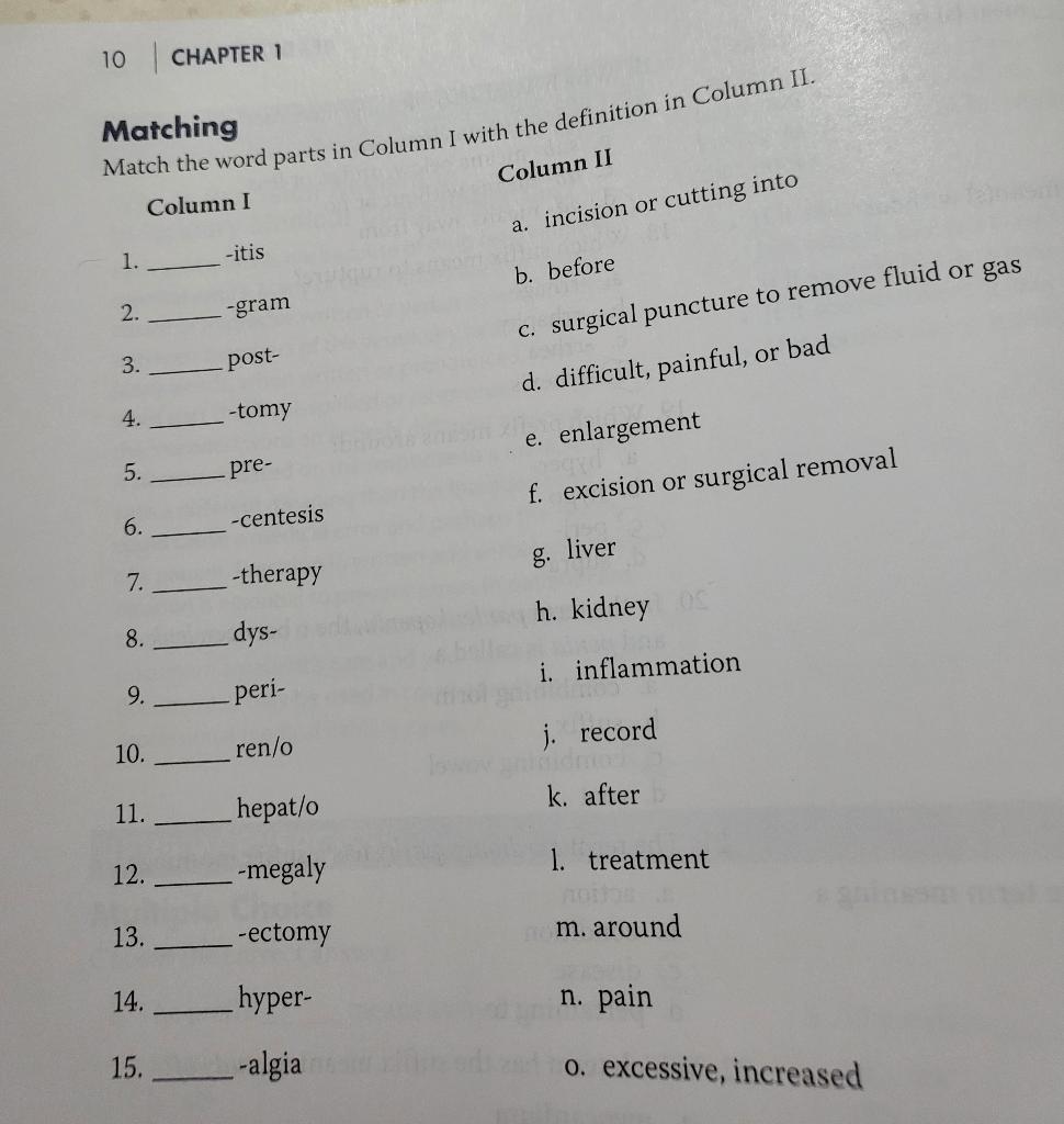 Solved 10 CHAPTER 1 Matching Match the word parts in Column | Chegg.com