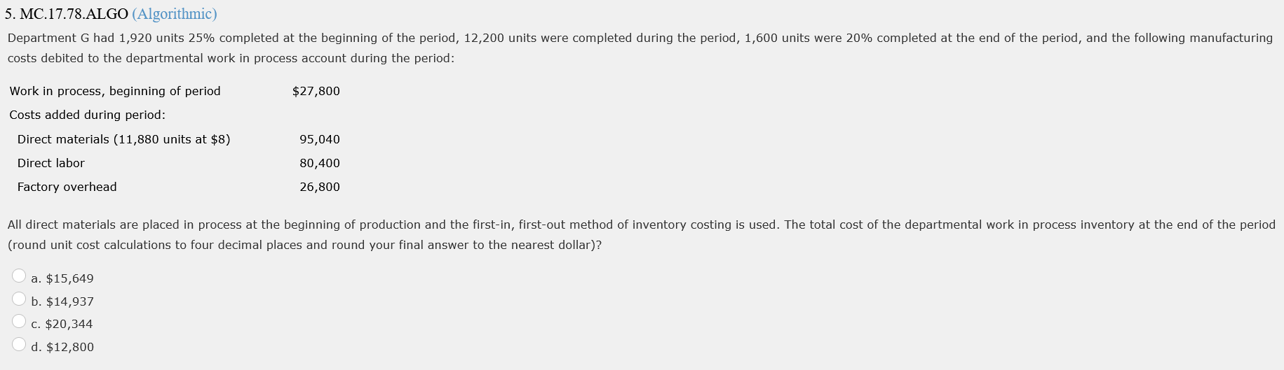 Solved 5. MC.17.78.ALGO (Algorithmic) Department G had 1,920 | Chegg.com
