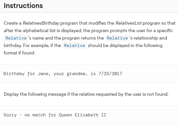 Solved Create a RelativesBirthday program that modifies the | Chegg.com
