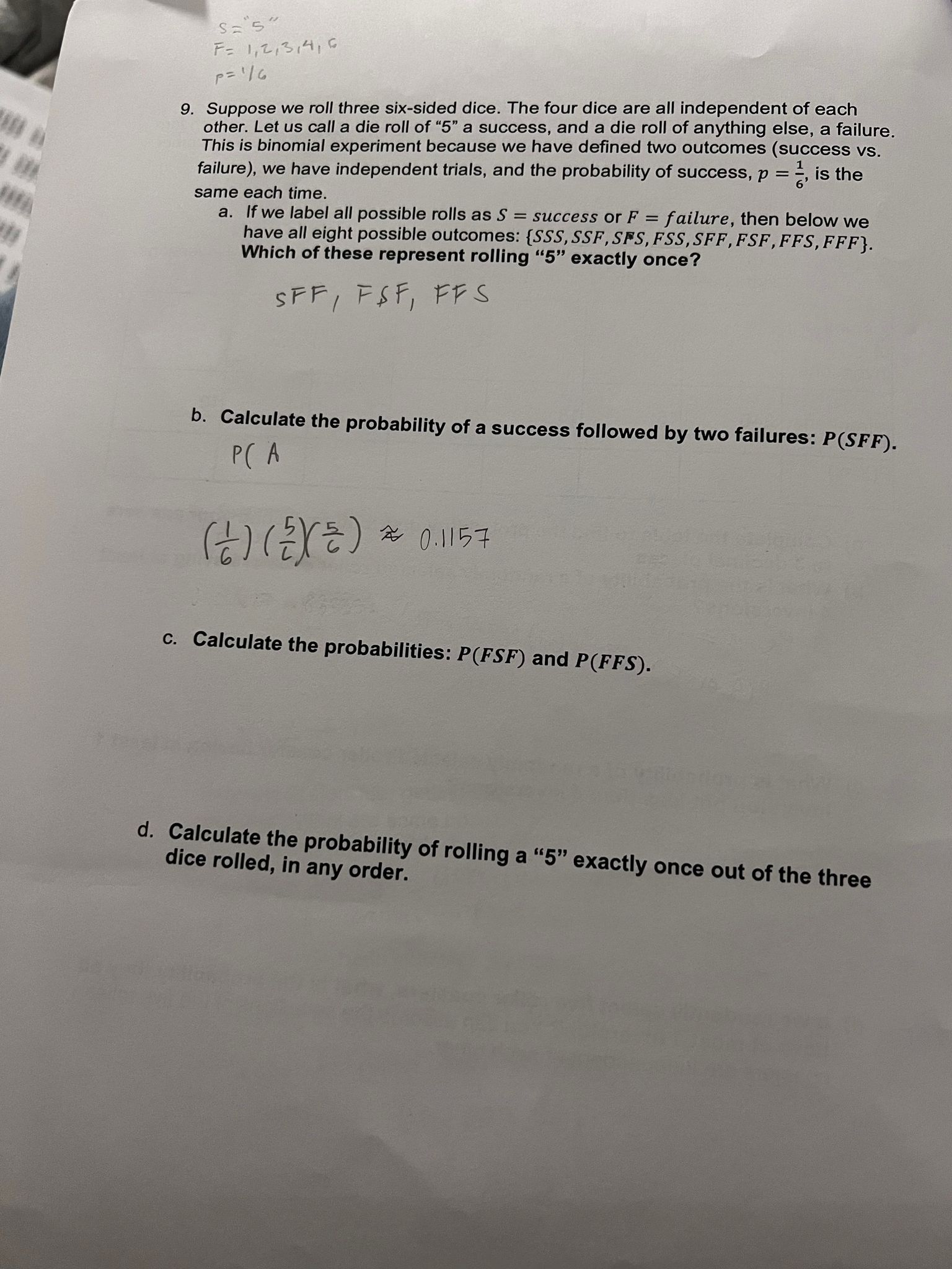 Solved S="5F=1,2,3,4,6p=1/6 9. Suppose we roll three | Chegg.com