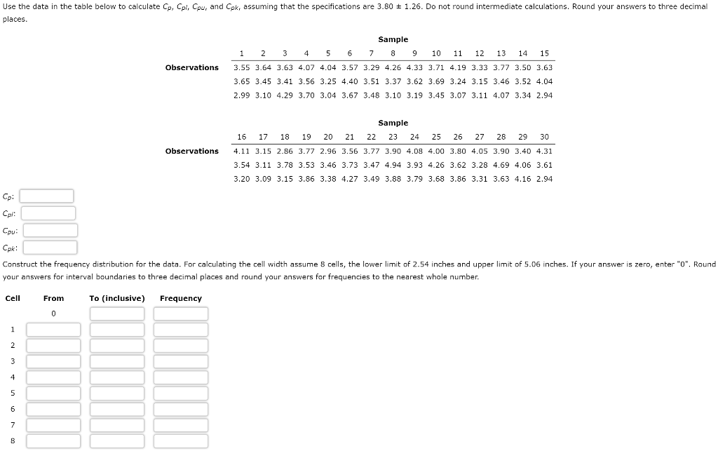 Use the data in the table below to calculate Cp, Cpl, | Chegg.com