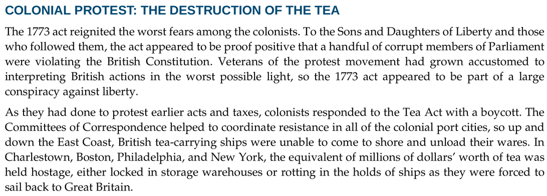 COLONIAL PROTEST: THE DESTRUCTION OF THE TEA The 1773 | Chegg.com