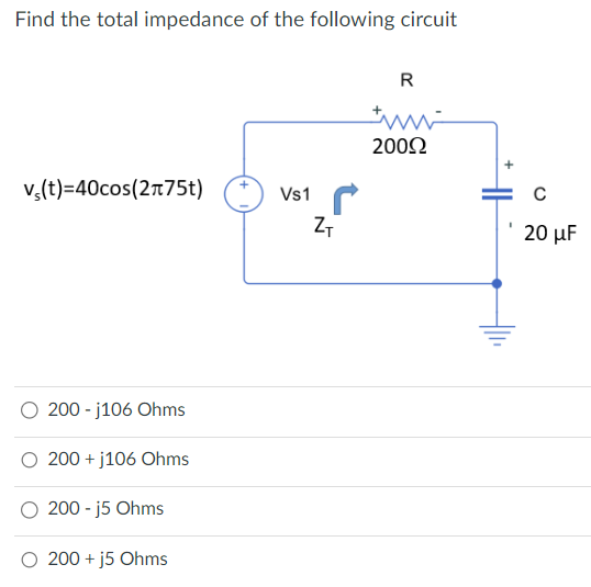 Solved Find the total impedance of the following circuit 200 | Chegg.com