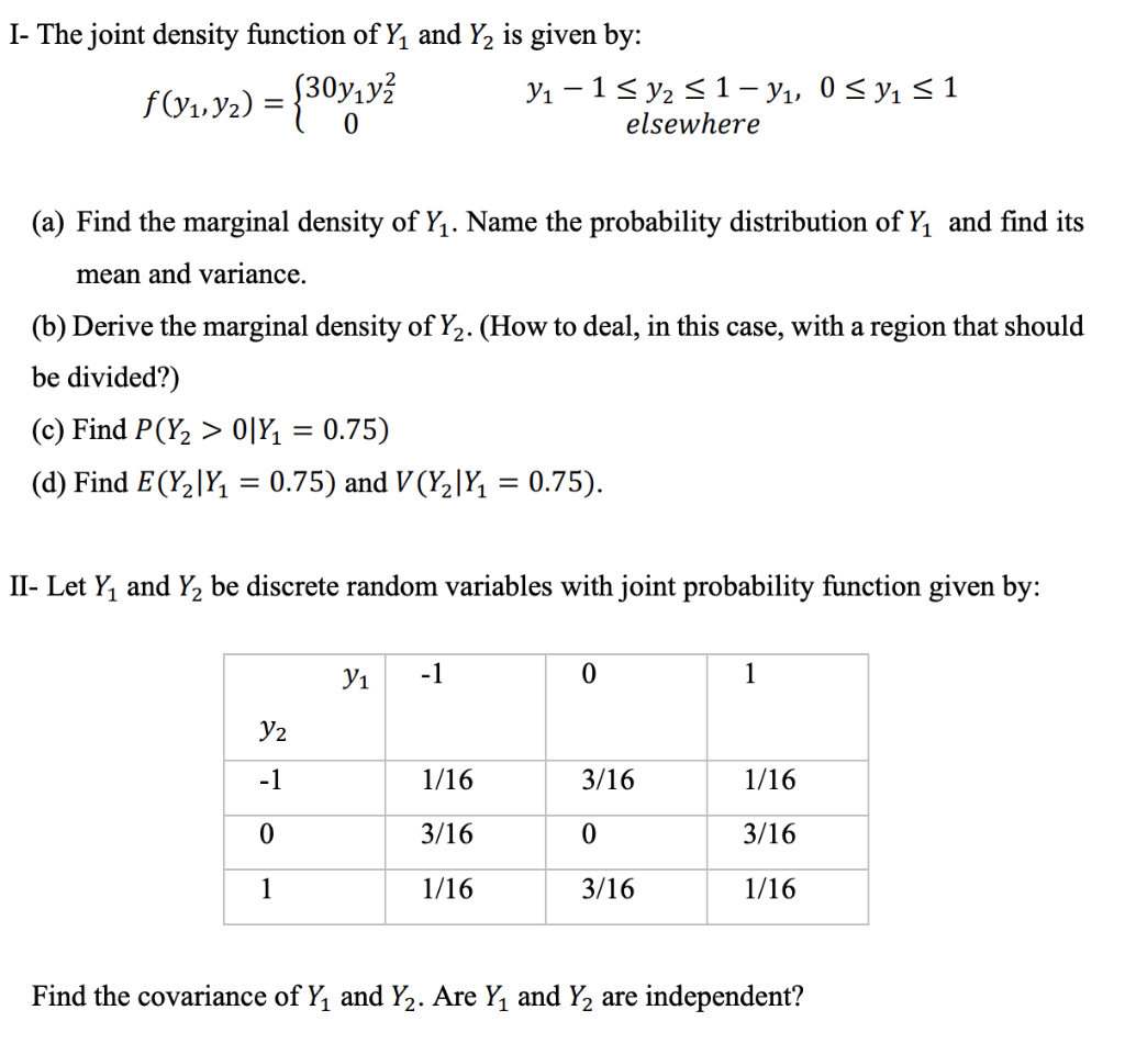 Solved I- The joint density function of Y1 and Y2 is given | Chegg.com