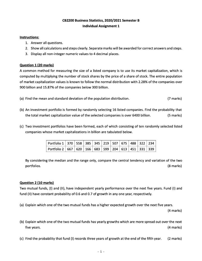 Solved CB2200 Business Statistics, 2020/2021 Semester B | Chegg.com