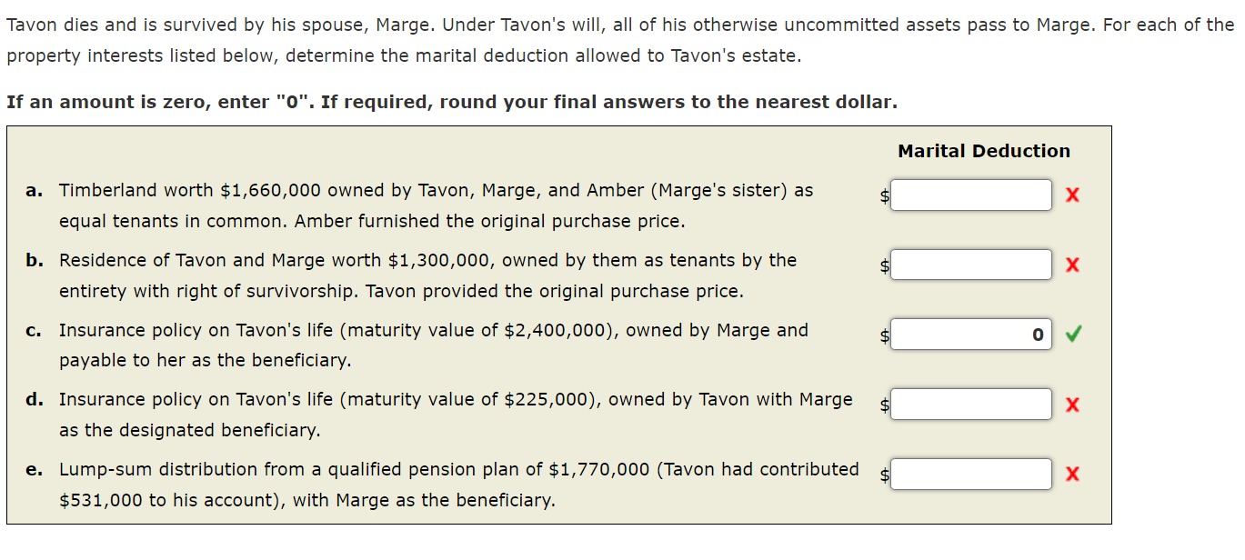 Solved Tavon dies and is survived by his spouse, Marge. | Chegg.com