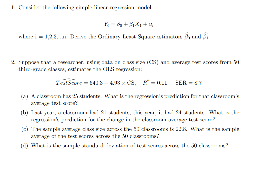 Consider the following simple linear regression model | Chegg.com
