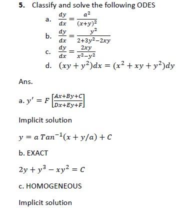 Solved a. 5. Classify and solve the following ODES dy a2 dx | Chegg.com