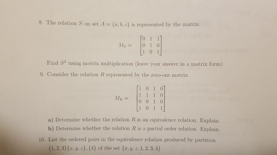 Solved 8. The relation S on set A (a, b, c} is represented | Chegg.com