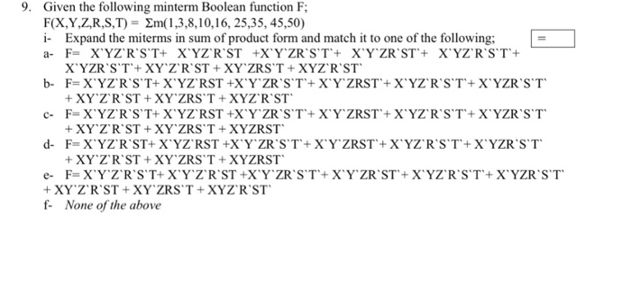 Solved 9. Given the following minterm Boolean function F | Chegg.com