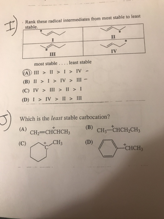 Solved Rank these radical intermediates from most stable to | Chegg.com