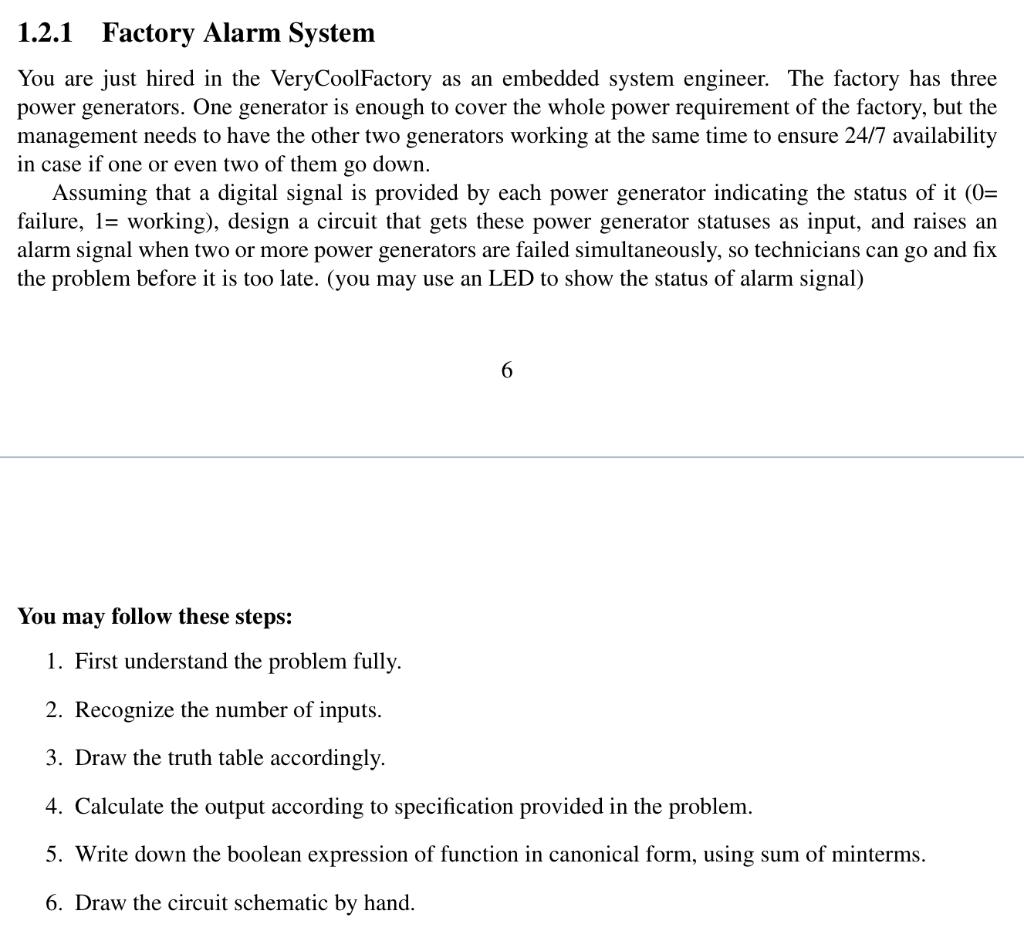 Solved 1.2.1 Factory Alarm System You are just hired in the | Chegg.com