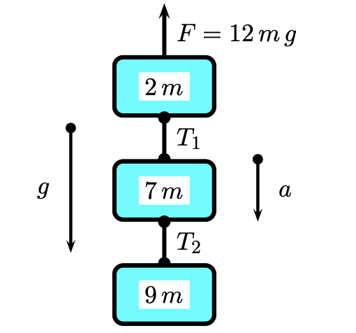 Solved Consider a force of 12 m g pulling three blocks | Chegg.com