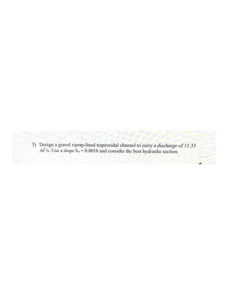 Solved 3) Design a gravel riprap-lined trapezoidal channel | Chegg.com