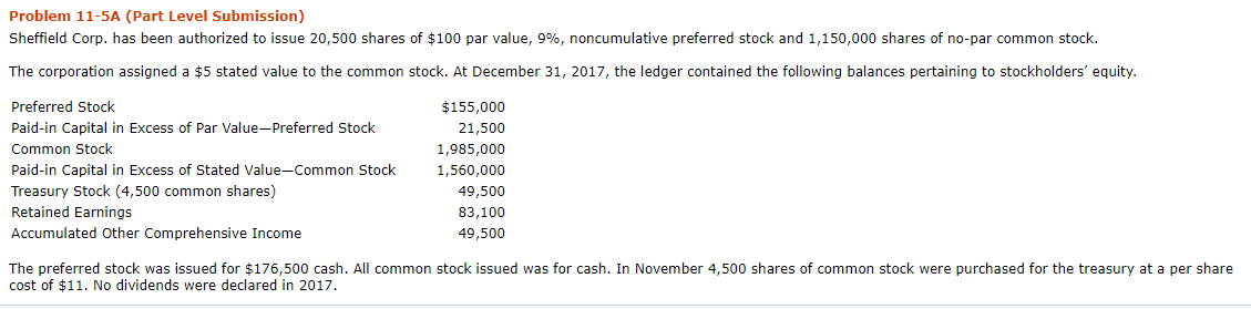 Solved Problem 11-5A (Part Level Submission) Sheffield Corp. | Chegg.com