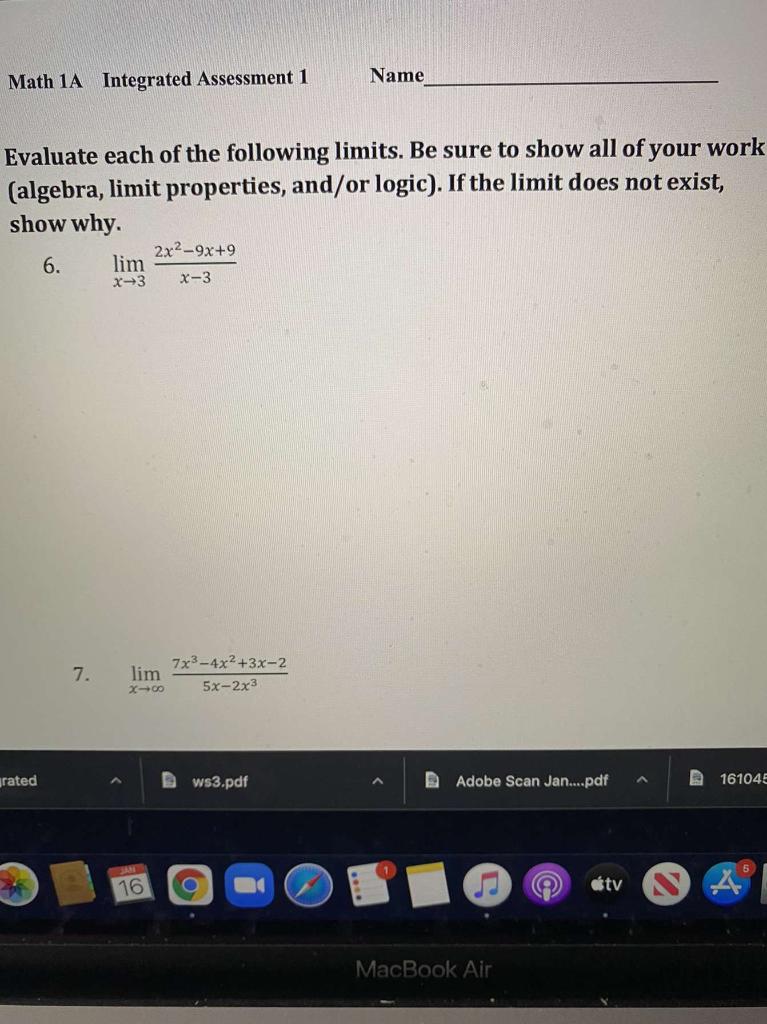 Solved Math 1A Integrated Assessment 1 Name Evaluate each of | Chegg.com