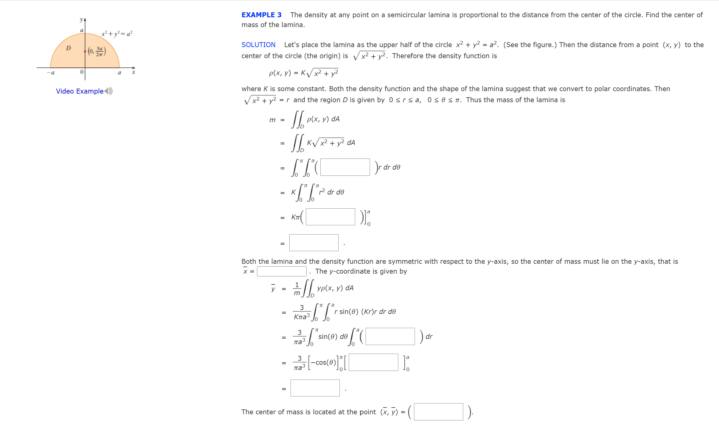 Solved EXAMPLE 3 The density at any point on a semicircular | Chegg.com