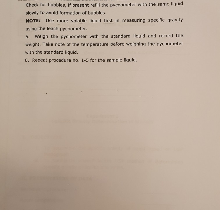 Solved I ΕΧPERIMENT SPECIFIC GRAVITY DETERMINATION OF | Chegg.com